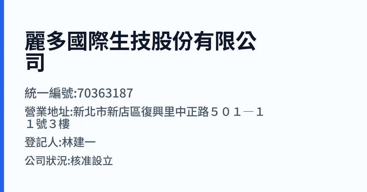 麗多國際生技股份有限公司 - 統編 70363187(新北市) 公司登記資料與營業項目詳細圖表