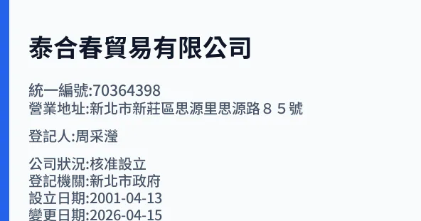 泰合春貿易有限公司的照片-統編 70364398(新北市) 公司登記資料與營業項目詳細圖表