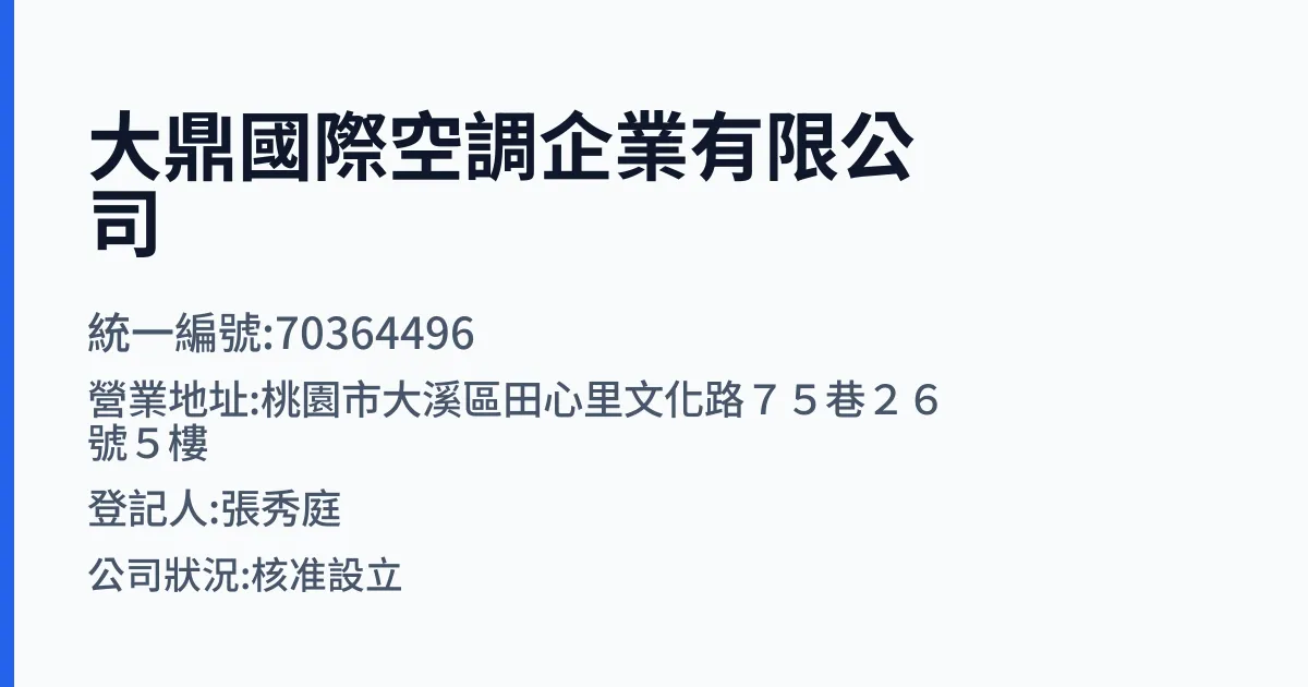 大鼎國際空調企業有限公司 - 統編 70364496(桃園市) 公司登記資料與營業項目詳細圖表