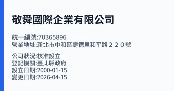 敬舜國際企業有限公司的照片-統編 70365896(新北市) 公司登記資料與營業項目詳細圖表