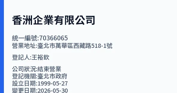香洲企業有限公司的照片-統編 70366065(臺北市) 公司登記資料與營業項目詳細圖表