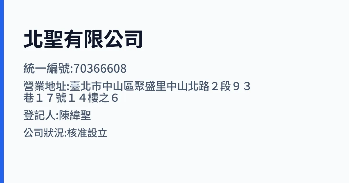 北聖有限公司 - 統編 70366608(臺北市) 公司登記資料與營業項目詳細圖表
