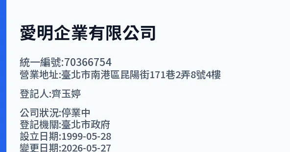 愛明企業有限公司的照片-統編 70366754(臺北市) 公司登記資料與營業項目詳細圖表