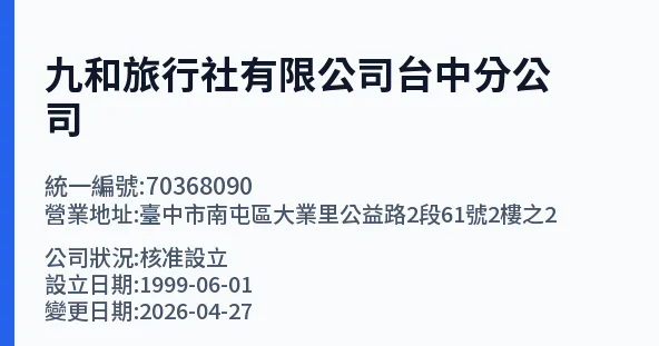 九和旅行社有限公司台中分公司的照片-統編 70368090(臺中市) 公司登記資料與營業項目詳細圖表