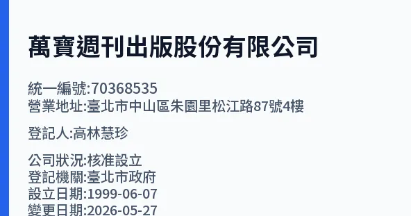 萬寶週刊出版股份有限公司的照片-統編 70368535(臺北市) 公司登記資料與營業項目詳細圖表