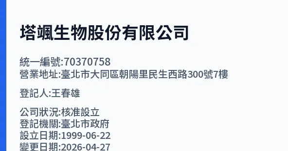 塔颯生物股份有限公司的照片-統編 70370758(臺北市) 公司登記資料與營業項目詳細圖表