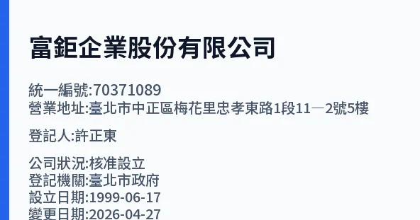 富鉅企業股份有限公司的照片-統編 70371089(臺北市) 公司登記資料與營業項目詳細圖表