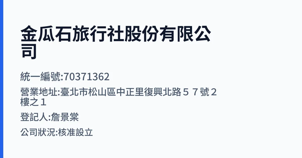 金瓜石旅行社股份有限公司 - 統編 70371362(臺北市) 公司登記資料與營業項目詳細圖表