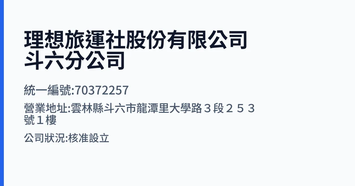 理想旅運社股份有限公司斗六分公司 - 統編 70372257(雲林縣) 公司登記資料與營業項目詳細圖表