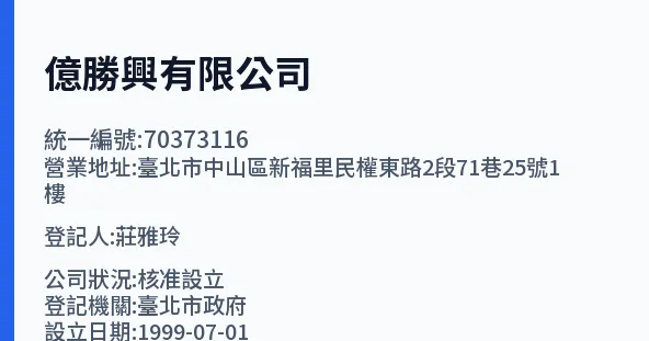 億勝興有限公司的照片-統編 70373116(臺北市) 公司登記資料與營業項目詳細圖表