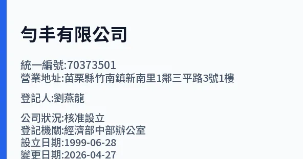 勻丰有限公司的照片-統編 70373501(苗栗縣) 公司登記資料與營業項目詳細圖表