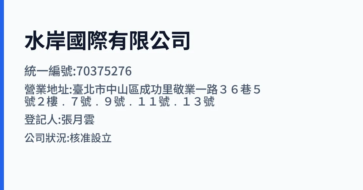 水岸國際有限公司 - 統編 70375276(臺北市) 公司登記資料與營業項目詳細圖表
