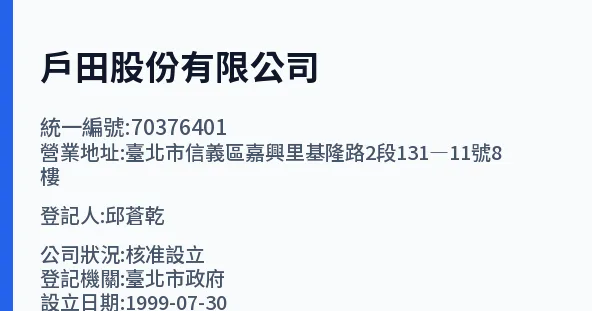 戶田股份有限公司的照片-統編 70376401(臺北市) 公司登記資料與營業項目詳細圖表