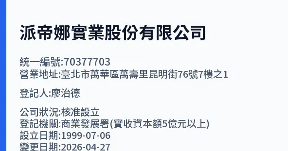 派帝娜實業股份有限公司的照片-統編 70377703(臺北市) 公司登記資料與營業項目詳細圖表