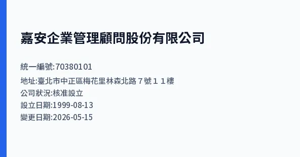 嘉安企業管理顧問股份有限公司的照片-統編 70380101(臺北市) 公司登記資料與營業項目詳細圖表