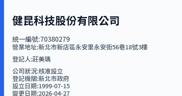 健昆科技股份有限公司的照片-統編 70380279(新北市) 公司登記資料與營業項目詳細圖表