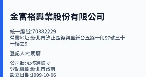 金富裕興業股份有限公司的照片-統編 70382229(新北市) 公司登記資料與營業項目詳細圖表