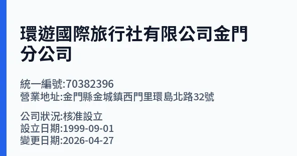 環遊國際旅行社有限公司金門分公司的照片-統編 70382396(金門縣) 公司登記資料與營業項目詳細圖表