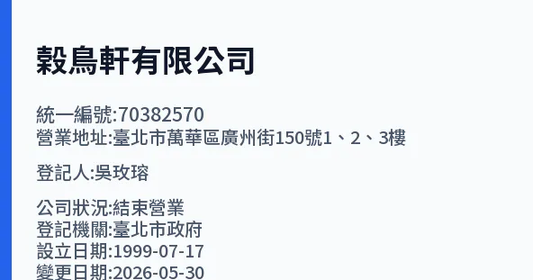 榖鳥軒有限公司的照片-統編 70382570(臺北市) 公司登記資料與營業項目詳細圖表