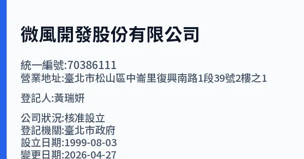 微風開發股份有限公司的照片-統編 70386111(臺北市) 公司登記資料與營業項目詳細圖表