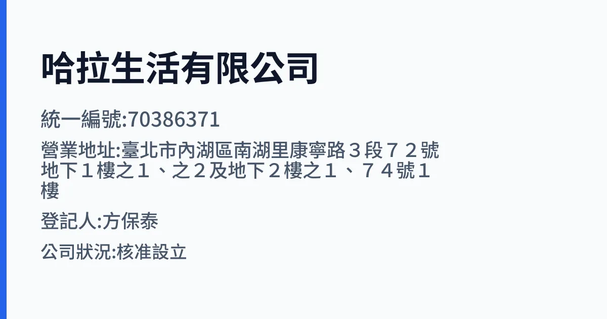 哈拉生活有限公司 - 統編 70386371(臺北市) 公司登記資料與營業項目詳細圖表