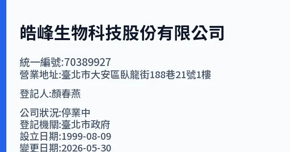 皓峰生物科技股份有限公司的照片-統編 70389927(臺北市) 公司登記資料與營業項目詳細圖表