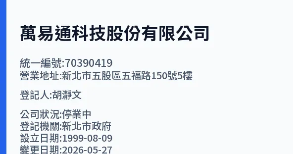 萬易通科技股份有限公司的照片-統編 70390419(新北市) 公司登記資料與營業項目詳細圖表