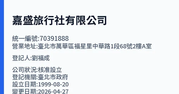 嘉盛旅行社有限公司的照片-統編 70391888(臺北市) 公司登記資料與營業項目詳細圖表