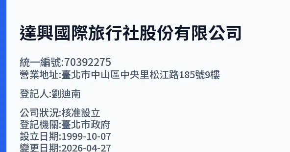 達興國際旅行社股份有限公司的照片-統編 70392275(臺北市) 公司登記資料與營業項目詳細圖表