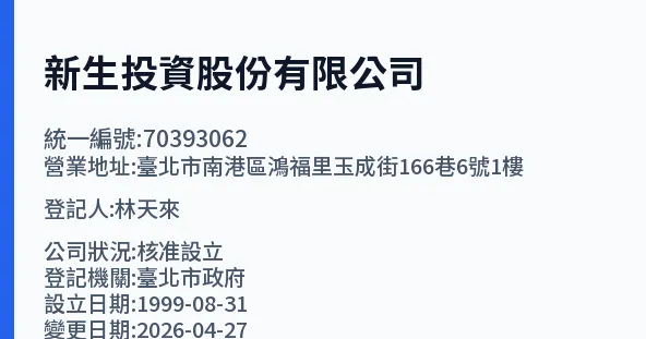 新生投資股份有限公司的照片-統編 70393062(臺北市) 公司登記資料與營業項目詳細圖表