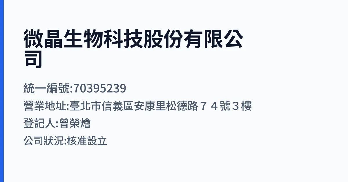 微晶生物科技股份有限公司 - 統編 70395239(臺北市) 公司登記資料與營業項目詳細圖表