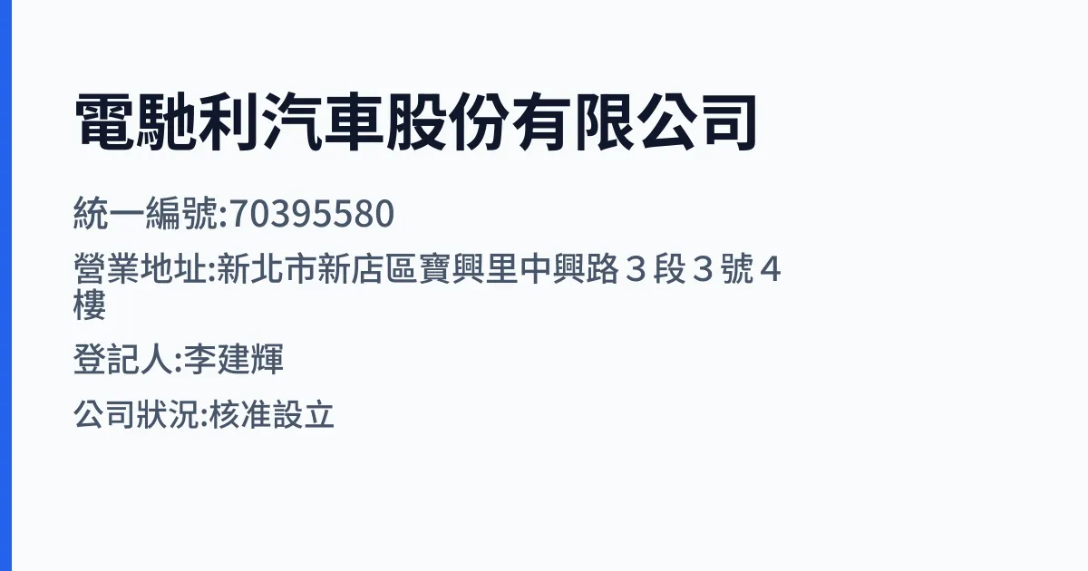 電馳利汽車股份有限公司 - 統編 70395580(新北市) 公司登記資料與營業項目詳細圖表