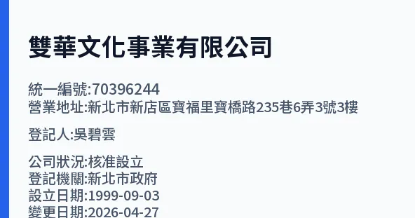 雙華文化事業有限公司的照片-統編 70396244(新北市) 公司登記資料與營業項目詳細圖表