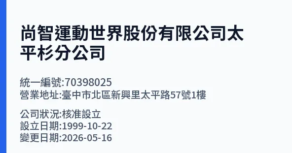 尚智運動世界股份有限公司太平杉分公司的照片-統編 70398025(臺中市) 公司登記資料與營業項目詳細圖表