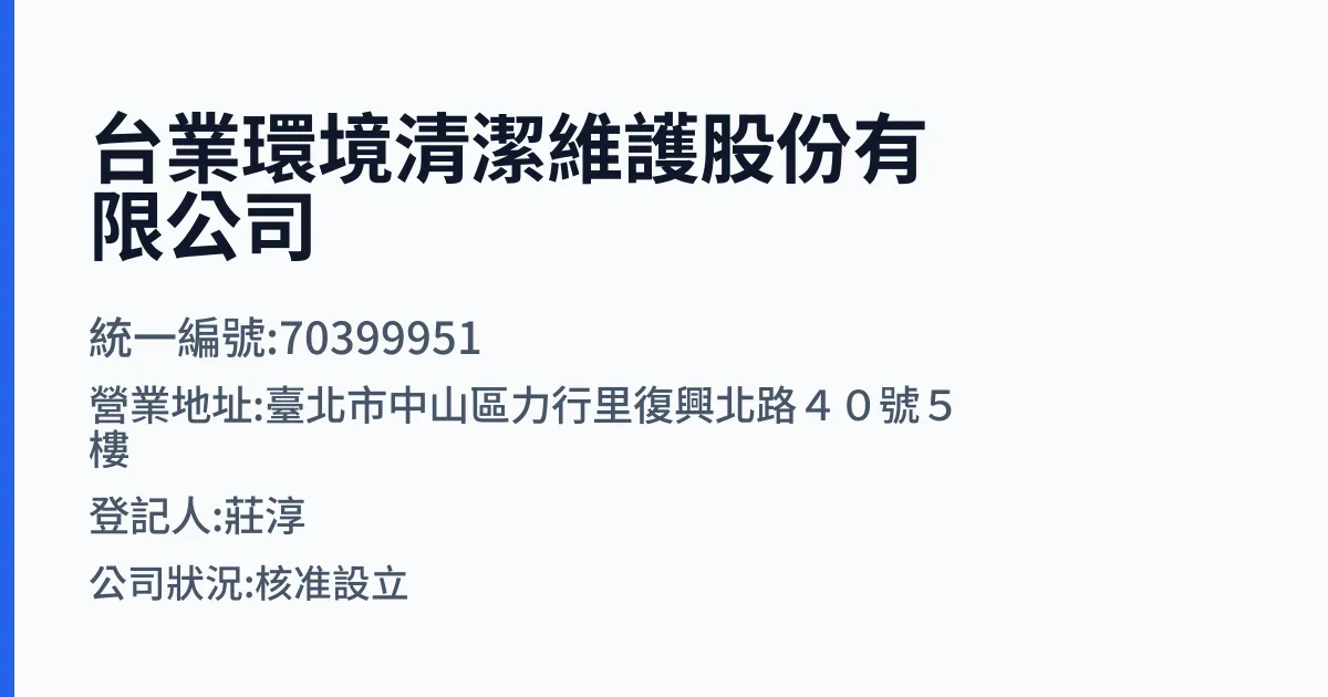 台業環境清潔維護股份有限公司 - 統編 70399951(臺北市) 公司登記資料與營業項目詳細圖表