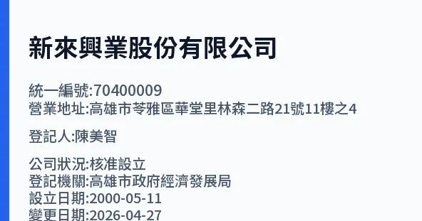 新來興業股份有限公司的照片-統編 70400009(高雄市) 公司登記資料與營業項目詳細圖表
