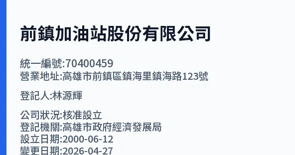 前鎮加油站股份有限公司的照片-統編 70400459(高雄市) 公司登記資料與營業項目詳細圖表