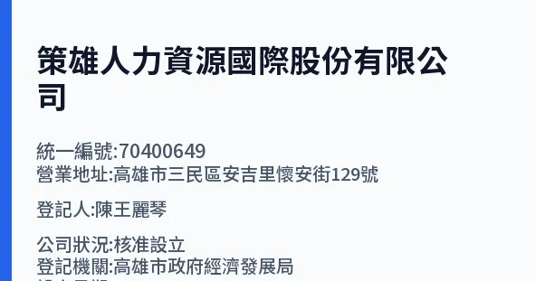 策雄人力資源國際股份有限公司的照片-統編 70400649(高雄市) 公司登記資料與營業項目詳細圖表