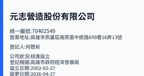 元志營造股份有限公司的照片-統編 70402549(高雄市) 公司登記資料與營業項目詳細圖表