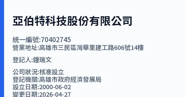 亞伯特科技股份有限公司的照片-統編 70402745(高雄市) 公司登記資料與營業項目詳細圖表