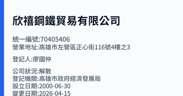 欣禧鋼鐵貿易有限公司的照片-統編 70405406(高雄市) 公司登記資料與營業項目詳細圖表
