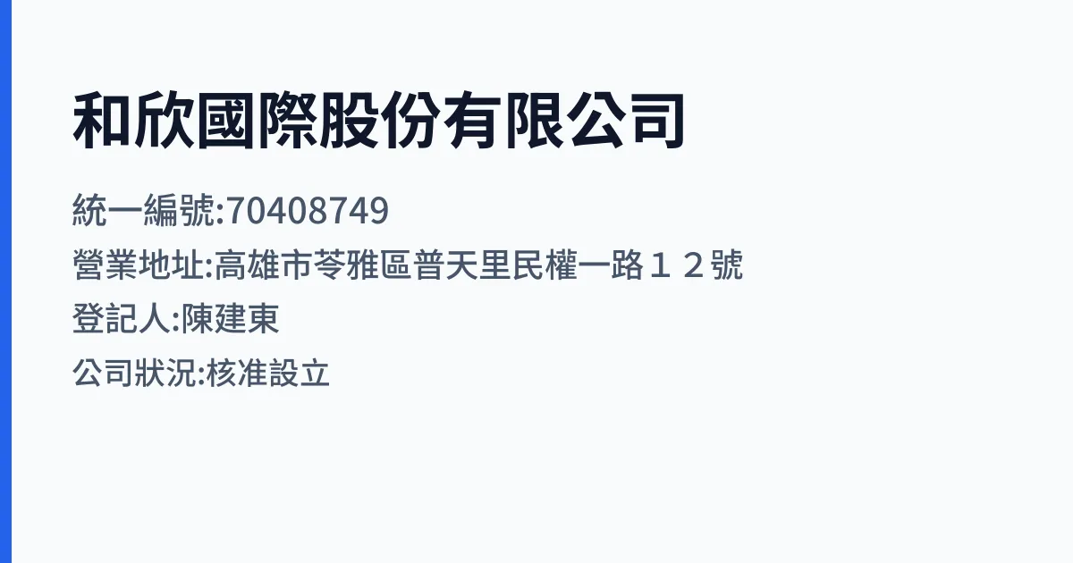 和欣國際股份有限公司 - 統編 70408749(高雄市) 公司登記資料與營業項目詳細圖表