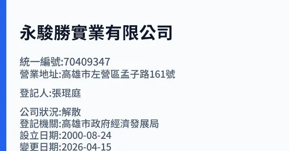 永駿勝實業有限公司的照片-統編 70409347(高雄市) 公司登記資料與營業項目詳細圖表