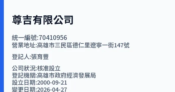 尊吉有限公司的照片-統編 70410956(高雄市) 公司登記資料與營業項目詳細圖表