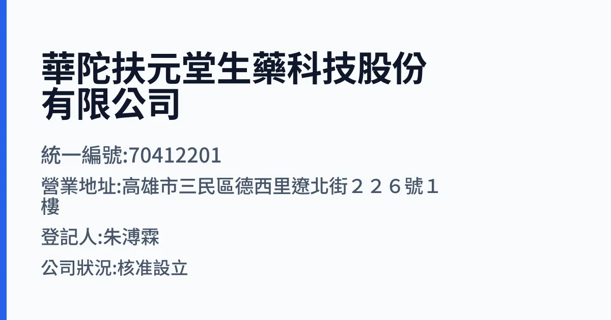 華陀扶元堂生藥科技股份有限公司 - 統編 70412201(高雄市) 公司登記資料與營業項目詳細圖表