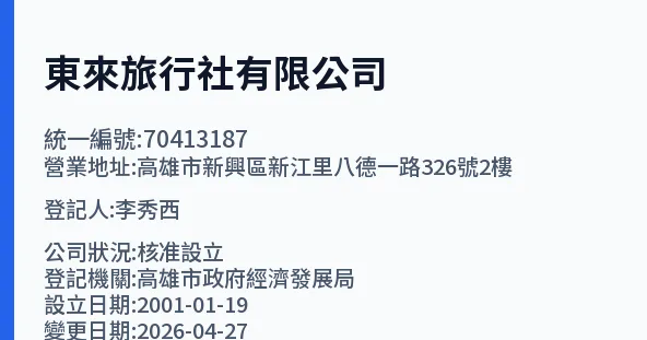東來旅行社有限公司的照片-統編 70413187(高雄市) 公司登記資料與營業項目詳細圖表