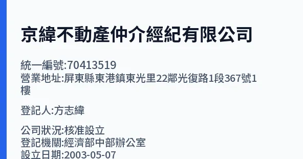 京緯不動產仲介經紀有限公司的照片-統編 70413519(屏東縣) 公司登記資料與營業項目詳細圖表