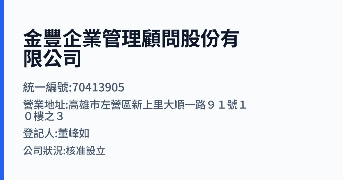 金豐企業管理顧問股份有限公司 - 統編 70413905(高雄市) 公司登記資料與營業項目詳細圖表