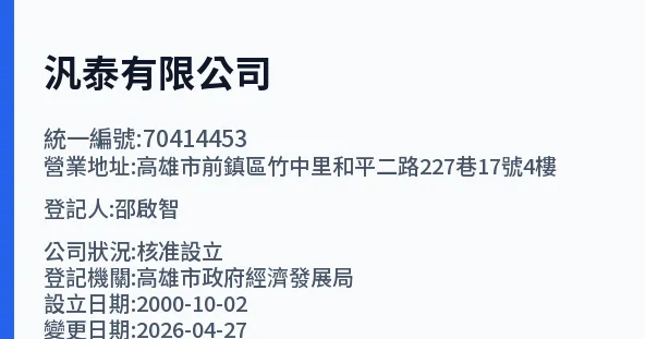 汎泰有限公司的照片-統編 70414453(高雄市) 公司登記資料與營業項目詳細圖表