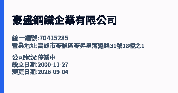 豪盛鋼鐵企業有限公司的照片-統編 70415235 公司登記資料與營業項目詳細圖表